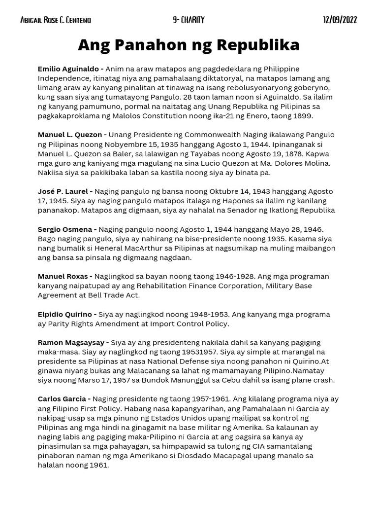 ARALING PANLIPUNAN (Ang Panahon NG Republika) | PDF
