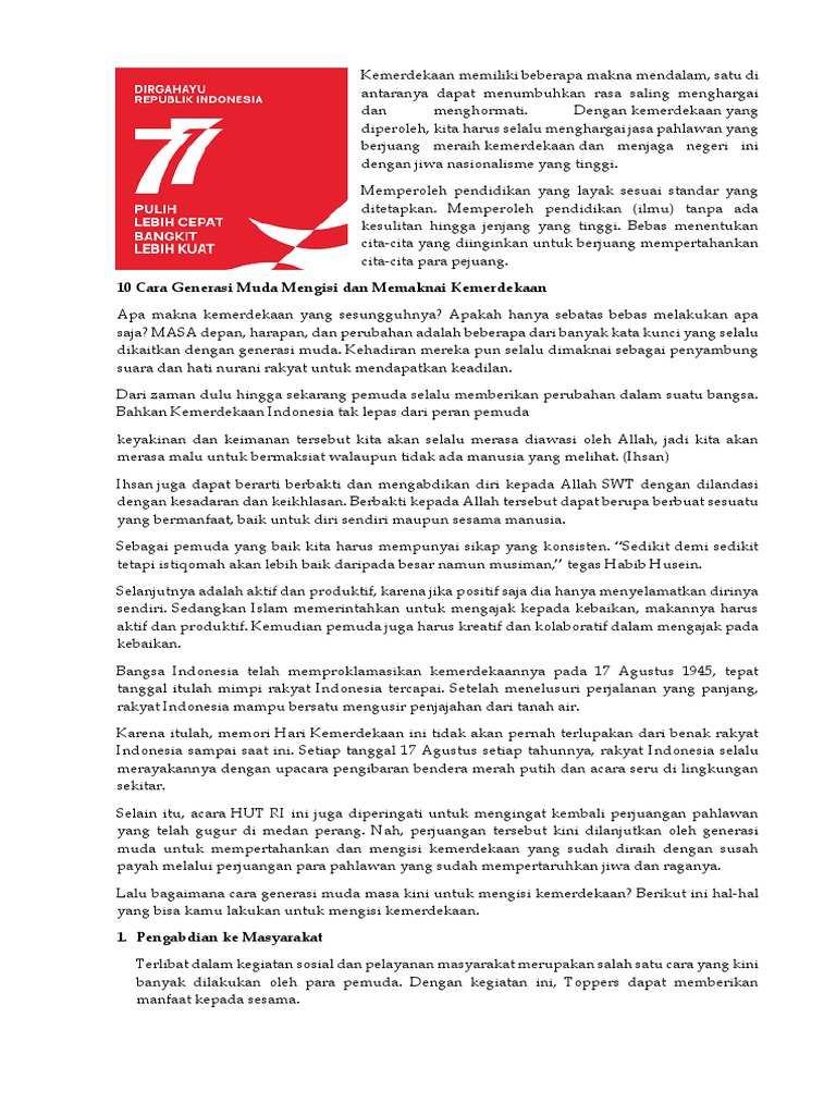 10 Cara Generasi Muda Mengisi Dan Memaknai Kemerdekaan | PDF