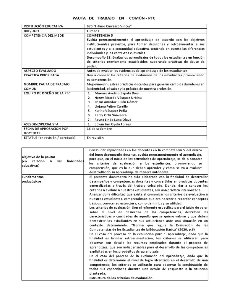 Pauta de Trabajo Común 020 HCV | PDF | Evaluación | Aprendizaje