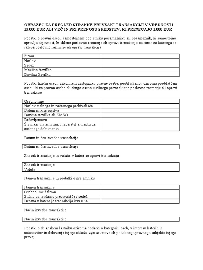 Obrazec Za Pregled Stranke - Transakcija | PDF