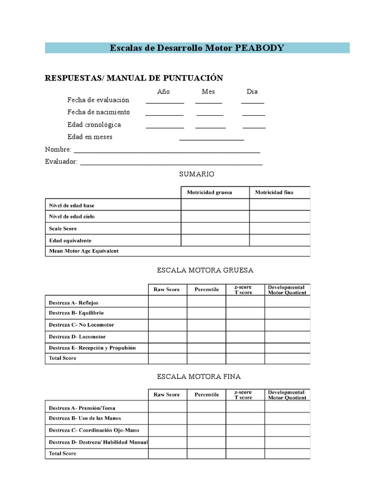 Escalas de Desarrollo Motor PEABODY - Registro | PDF