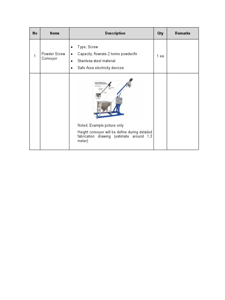 Powder Screw Conveyor Specification - Grease Plant | PDF