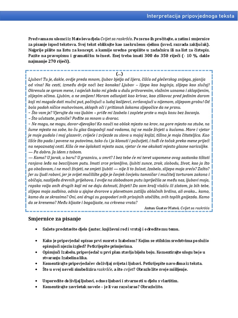 MATOŠ - Interpretativni Esej CVIJET SA RASKRŠĆA | PDF