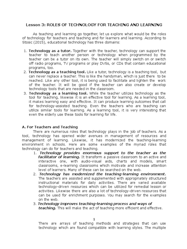 Lesson 3 - ROLES OF TECHNOLOGY | PDF | Teaching Method | Critical Thinking