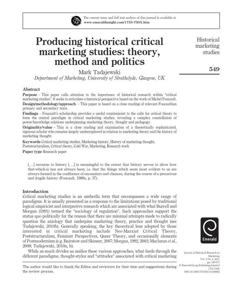 Tadajewski, M. (2011) - Producing Historical Critical Marketing Studies ...