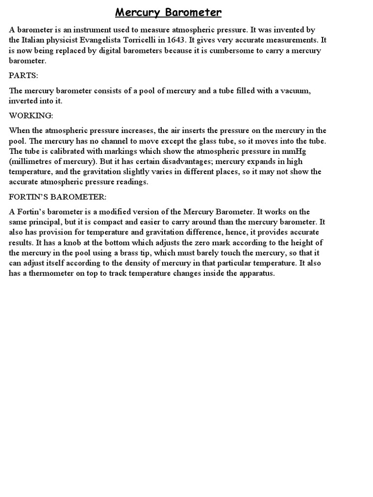 Mercury Barometer | PDF