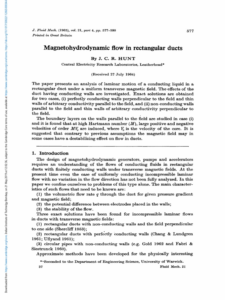 Hunt MHD Flow Rectangular Ducts JFM65 | PDF | Fluid Dynamics ...