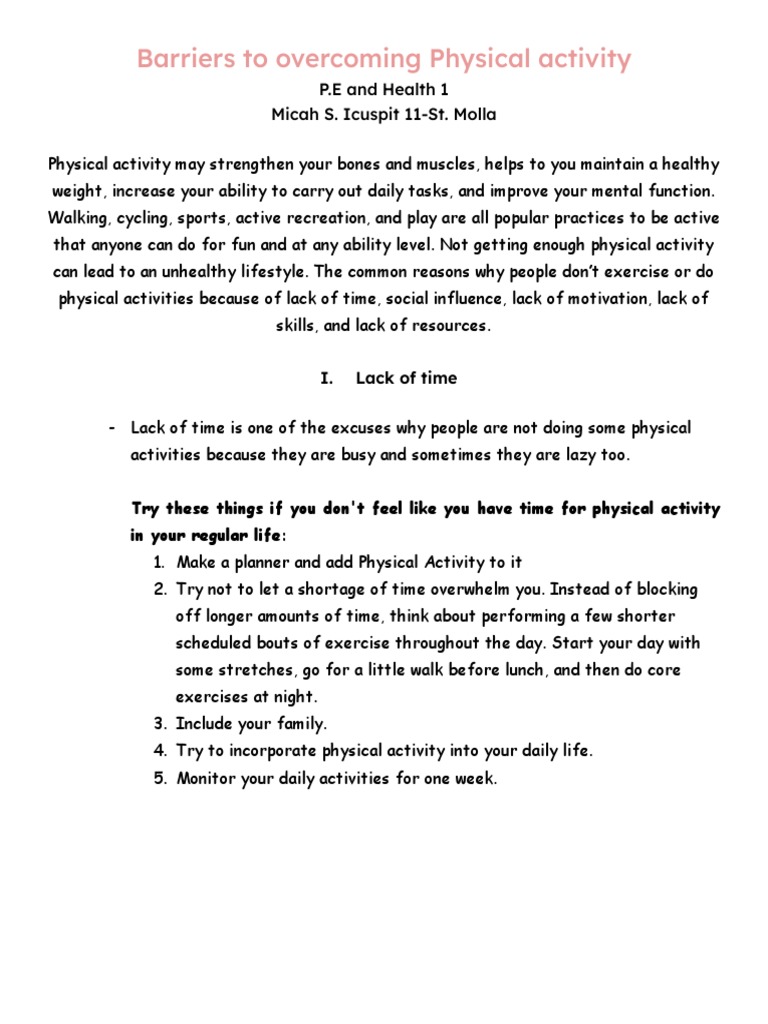 Barriers To Overcome Physical Activity | PDF | Physical Fitness ...