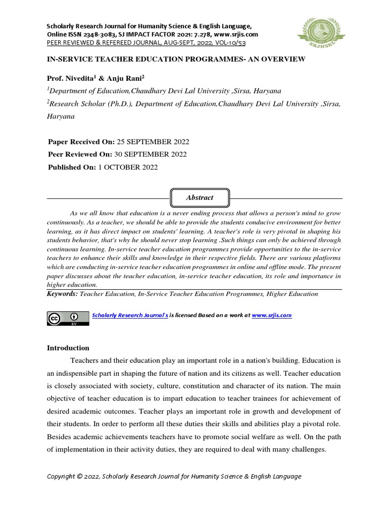 In-Service Teacher Education Programmes - An Overview | PDF | Teachers ...