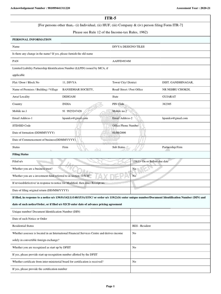 Divya Designo Tiles 201920 Itr - 1 | PDF | Taxes | Revenue