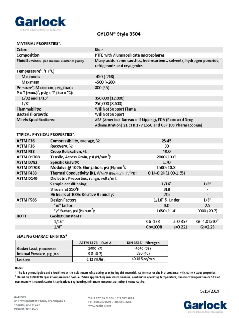 Garlock GYLON Style 3504 Spec Sheet - (NA) 2019-5 EN | PDF | Chemistry ...