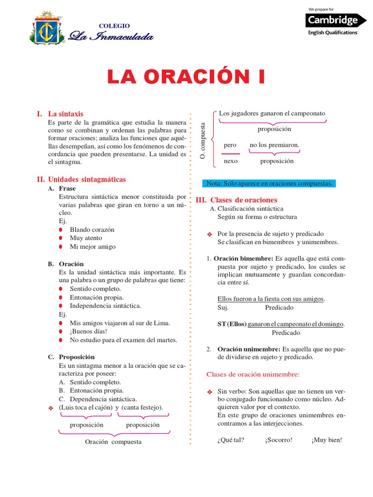 La Oración 1 | PDF | Oración (Lingüística) | Predicado (Gramática)