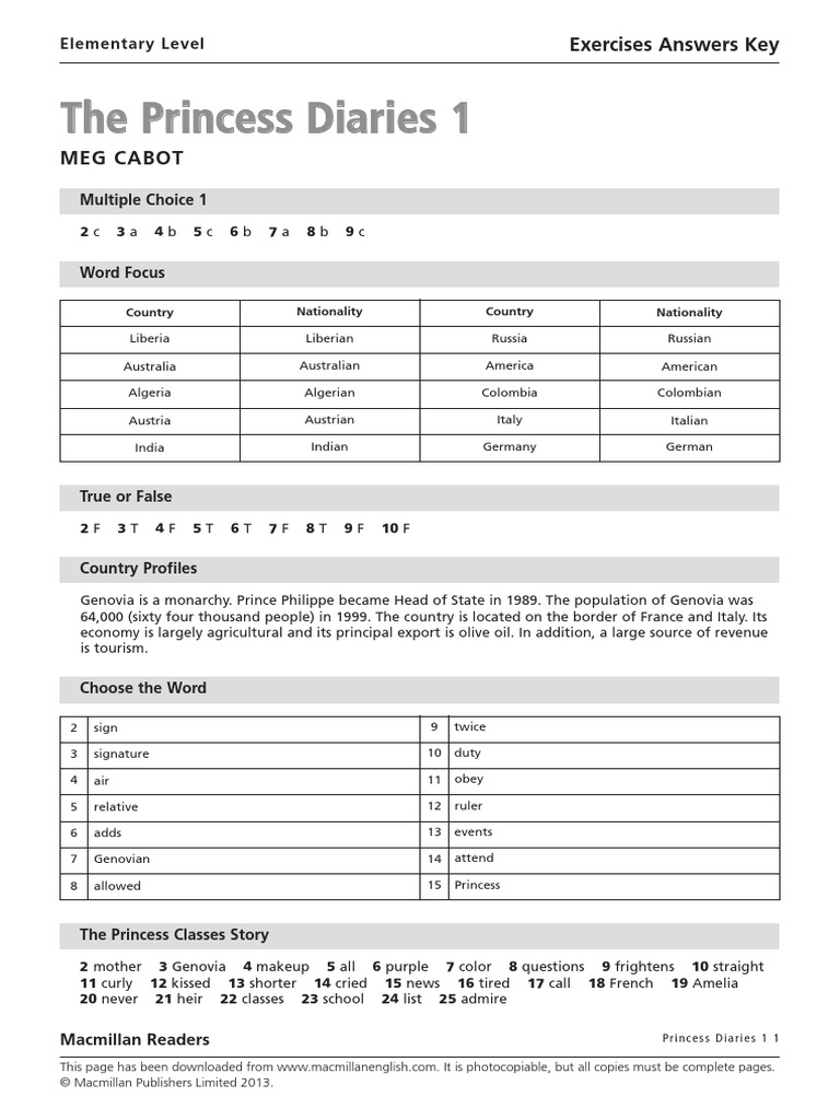 The Princess Diaries Exercises Answers Key | PDF