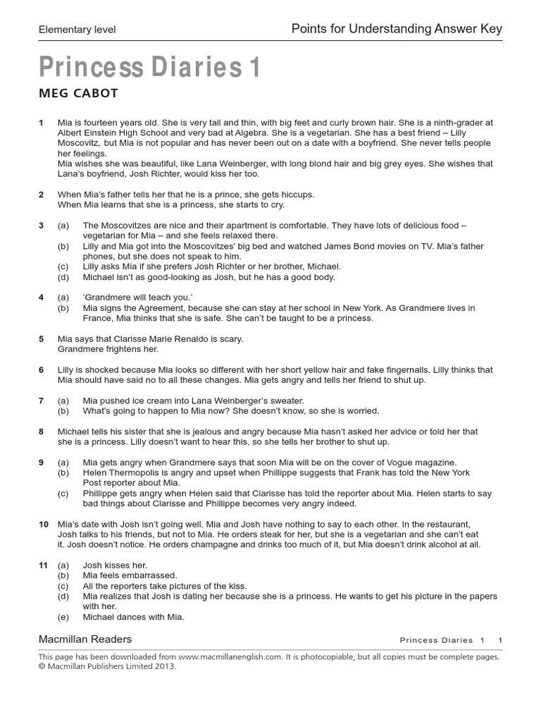 The Princess Diaries Points For Understanding Answer Key | PDF | The ...