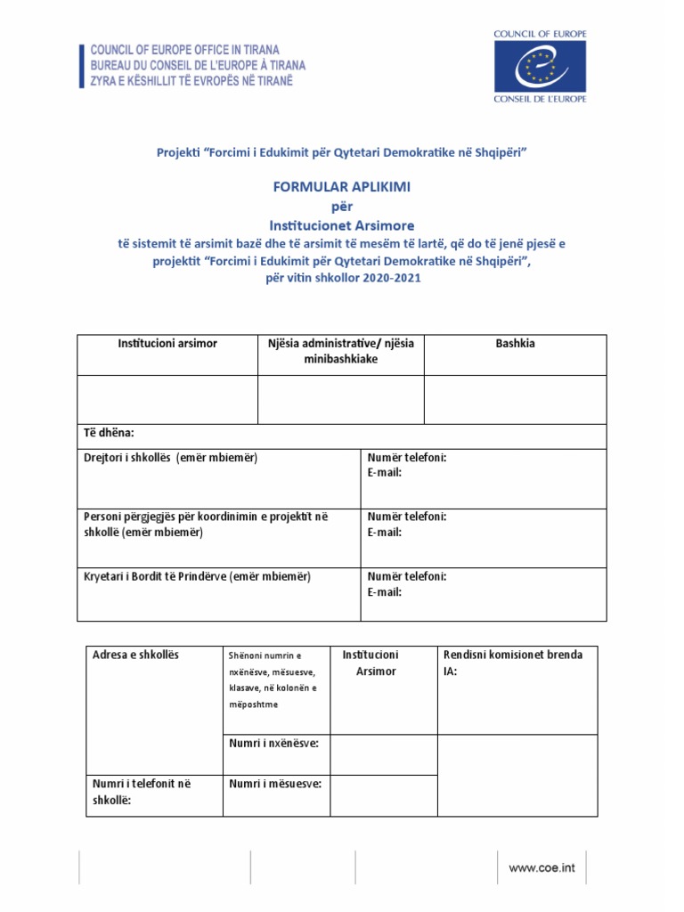 Formular Aplikimi Per Shkollat - Albania | PDF