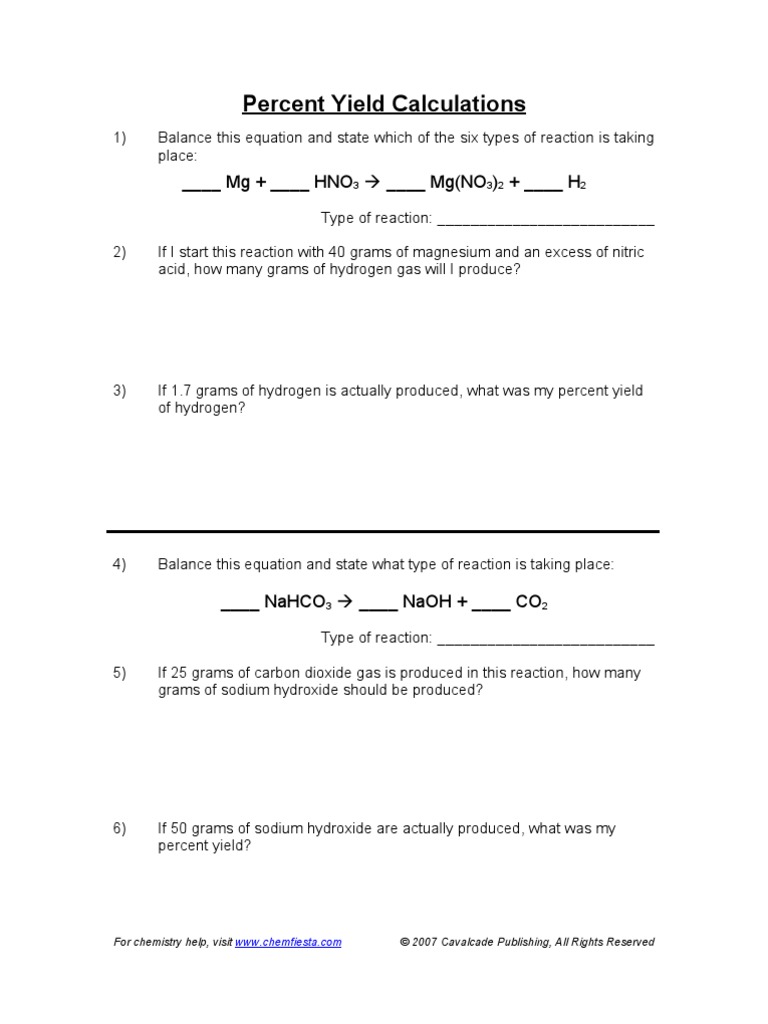 Percent Yield Calculations 2 | PDF | Teaching Methods & Materials ...