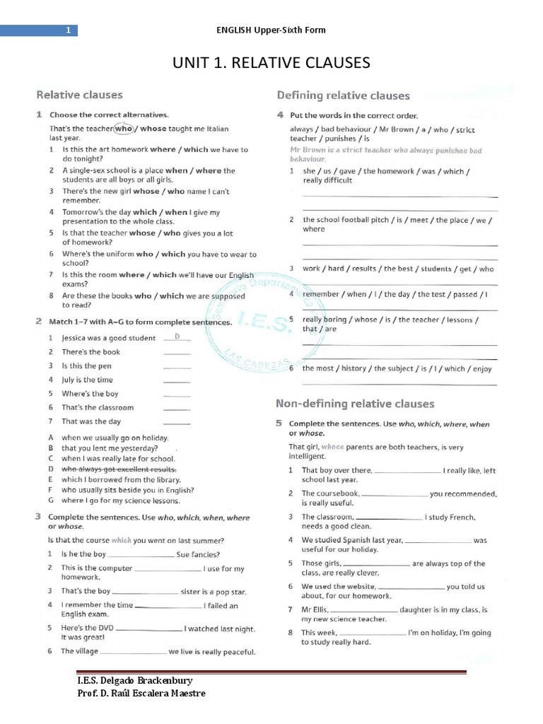 Relative Clauses Exercises for Students | PDF