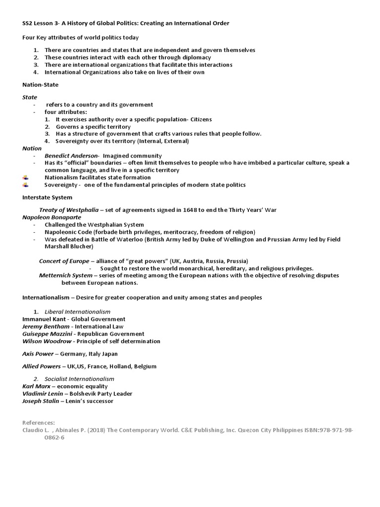 A History of Global Politics Creating An International Order Notes ...