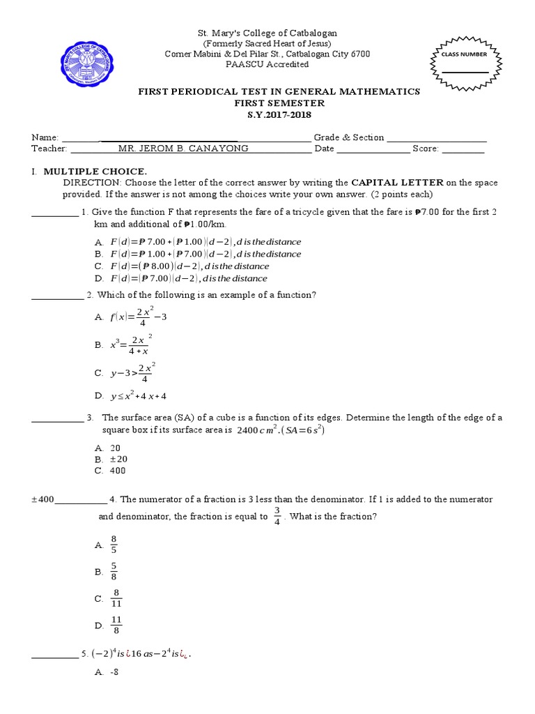 1st QUARTER EXAM IN GEN MATH Band Members | PDF | Function (Mathematics) | Logarithm