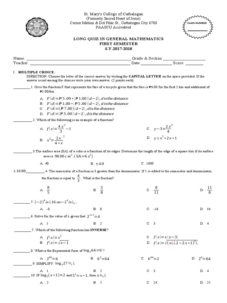 LQ2 Gen Math | PDF | Function (Mathematics) | Logarithm
