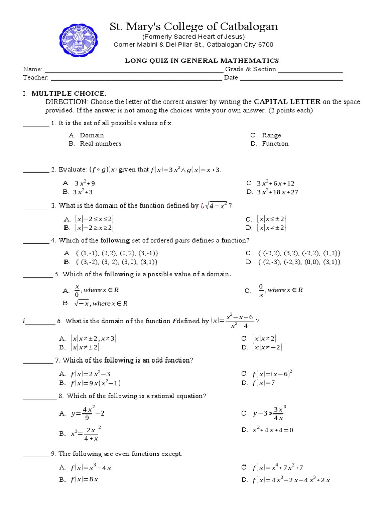 Long Quiz in Gen Math | PDF | Function (Mathematics) | Analysis