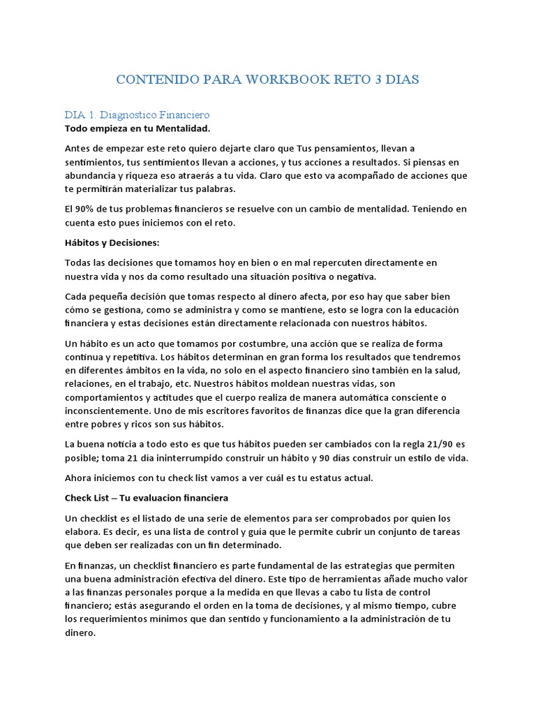 Contenido para Workbook Reto 3 Dias | PDF | Presupuesto | Dinero