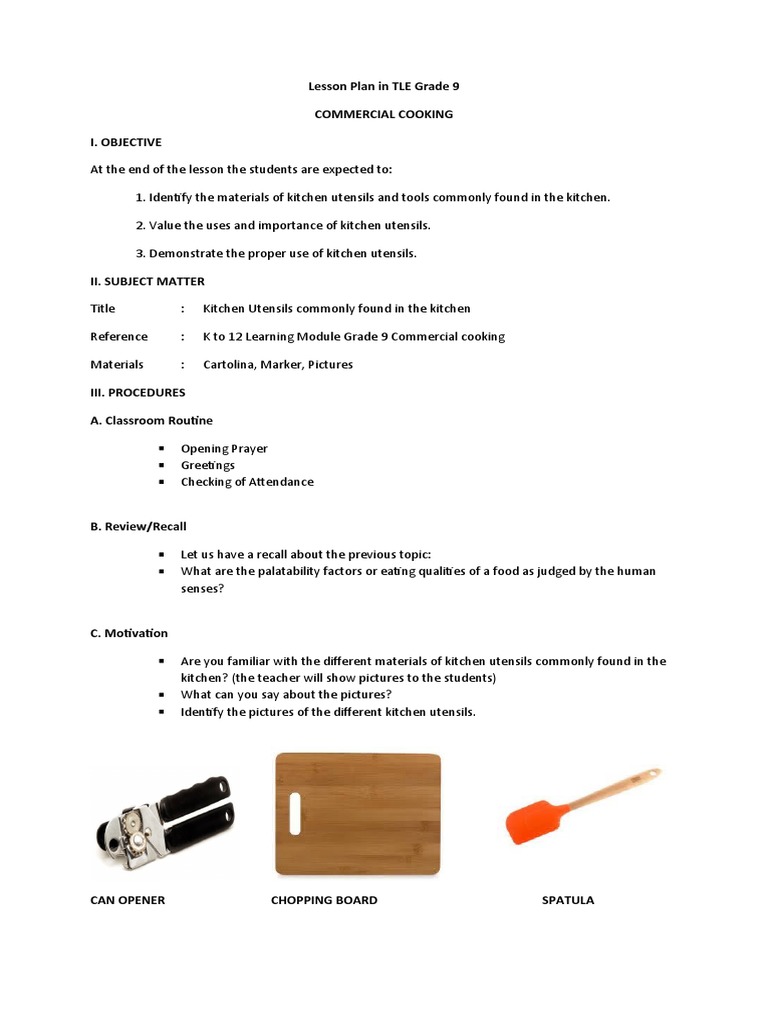 Lesson Plan in TLE Grade 9 | PDF | Kitchen Utensil | Kitchen