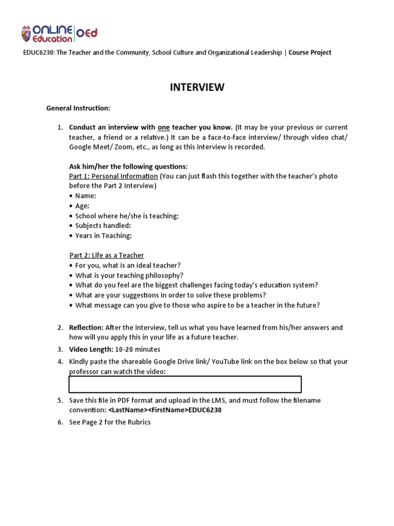 Course Project - EDUC6230 The Teacher and The Community, School Culture and Organizational ...