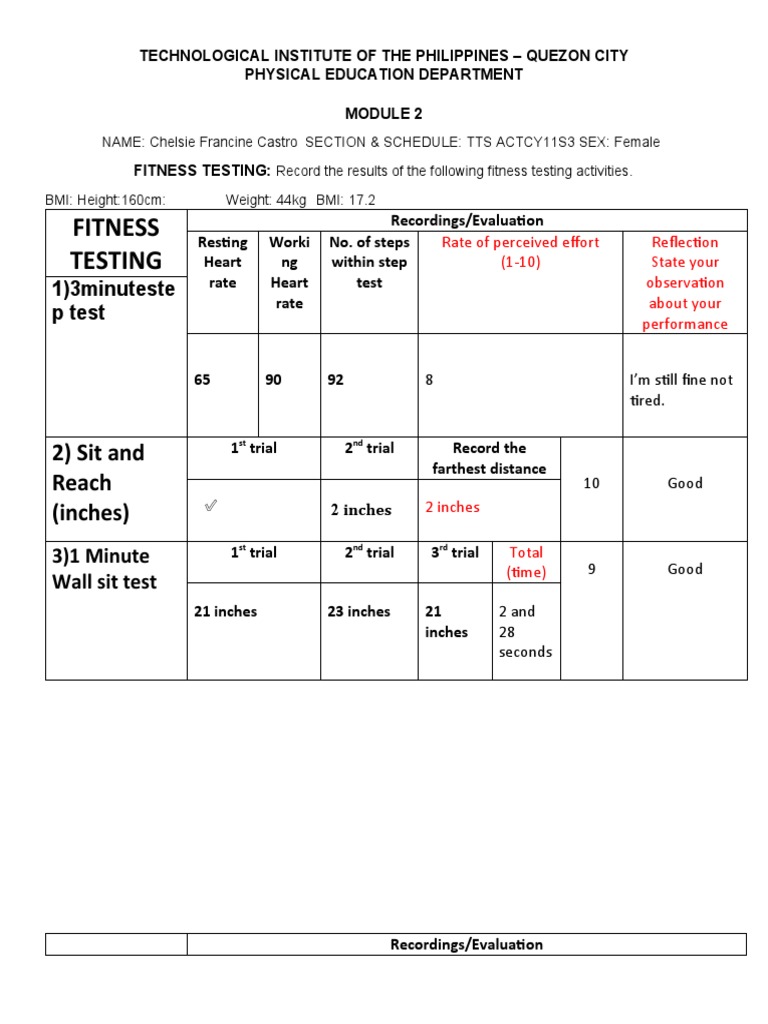 Fitness Testing Module Results | PDF | Strength Training | Human Body ...