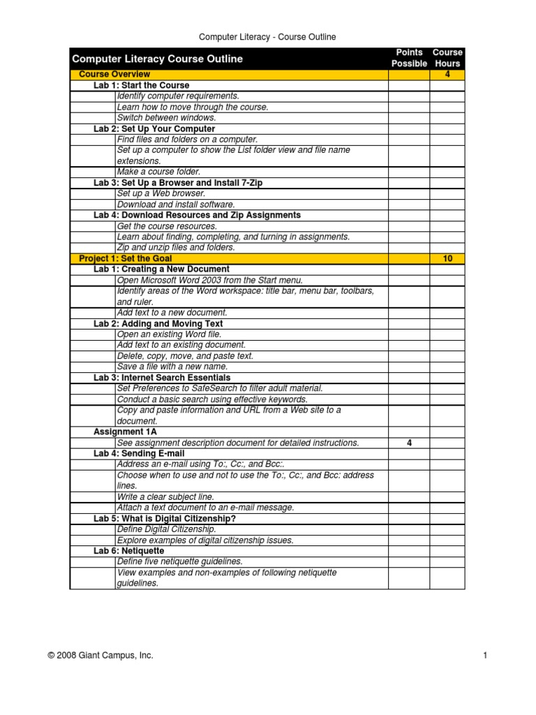 Computer Literacy TCH110 Course Outline[1] | Microsoft Word | Computer File