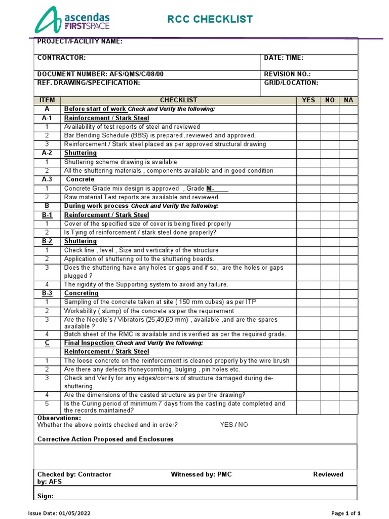RCC Checklist Review | PDF | Concrete | Materials
