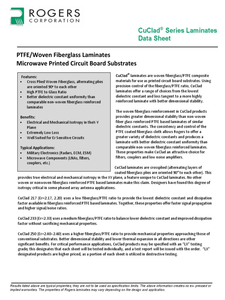 CuClad Laminates Data Sheet | PDF | Fiberglass | Lamination