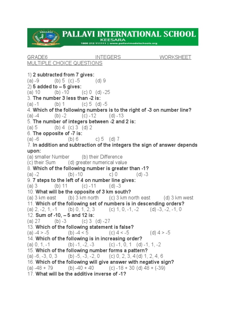 Grade 6 Math Integers Worksheet | PDF
