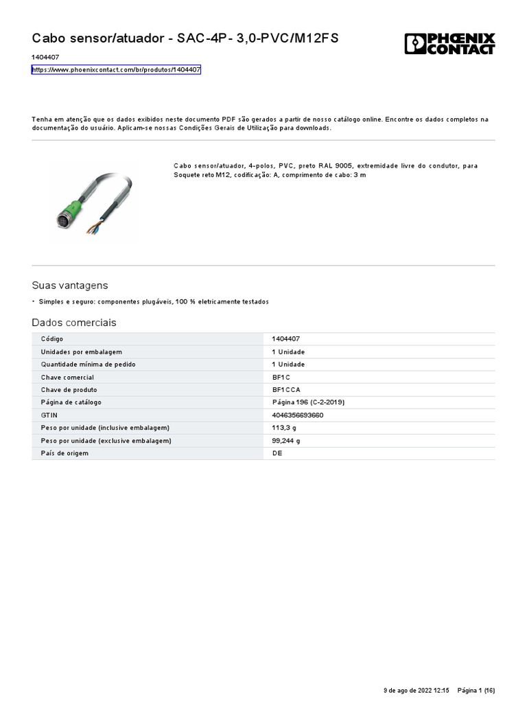 Sac-4p - 3,0-PVC - M12FS | PDF | Condutor elétrico | Engenharia Elétrica