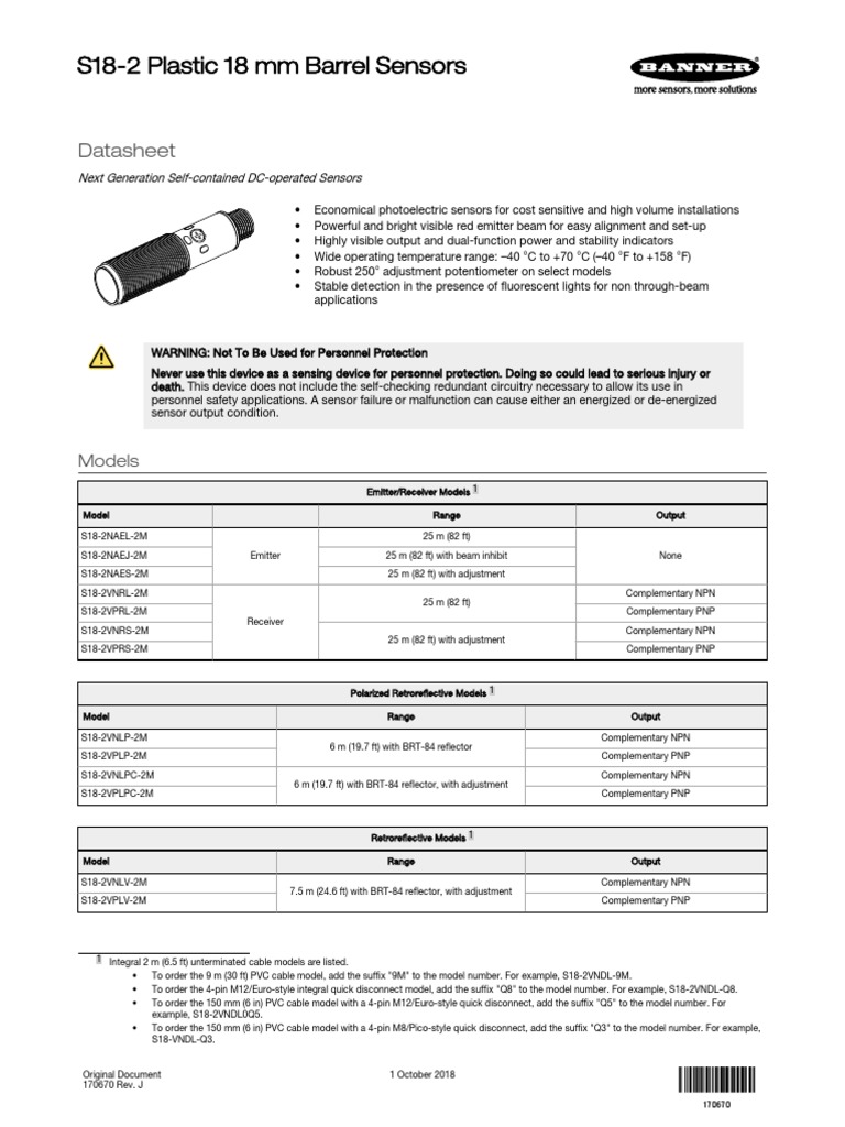 S18-2 Plastic 18 MM Barrel Sensors: Datasheet | PDF | Bipolar Junction ...