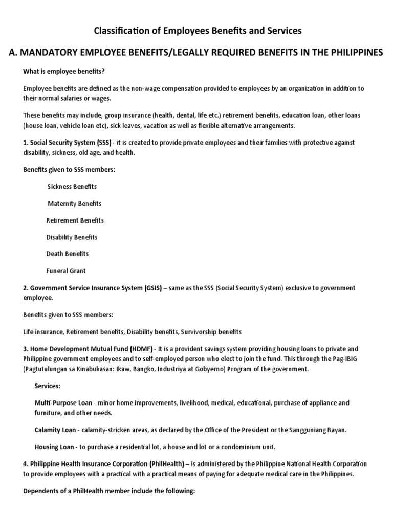 Classification of Employees Benefits and Services | PDF | Welfare ...