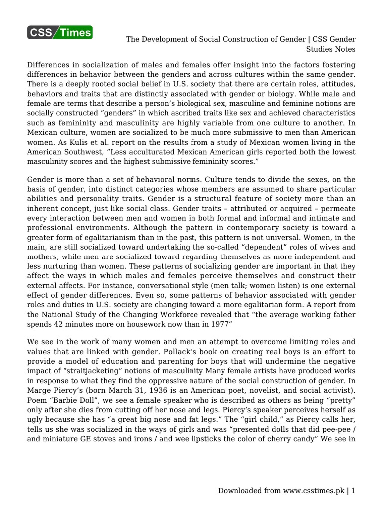 The Development of Social Construction of Gender - CSS Gender Studies ...