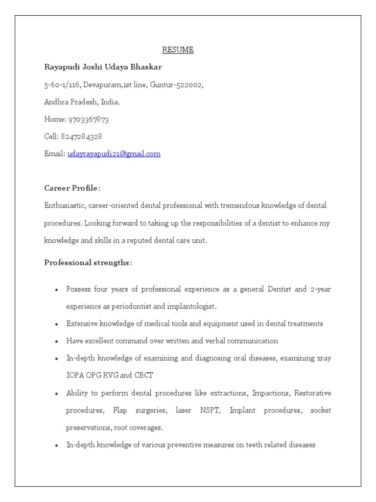 Rayapudi Joshi Udaya Bhaskar Resume | PDF | Dentistry | Periodontology