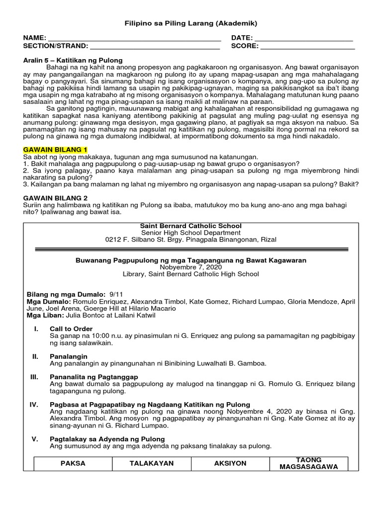 Larang Sa Akademik Week 5 Module at Gawain KATITIKAN NG PULONG | PDF