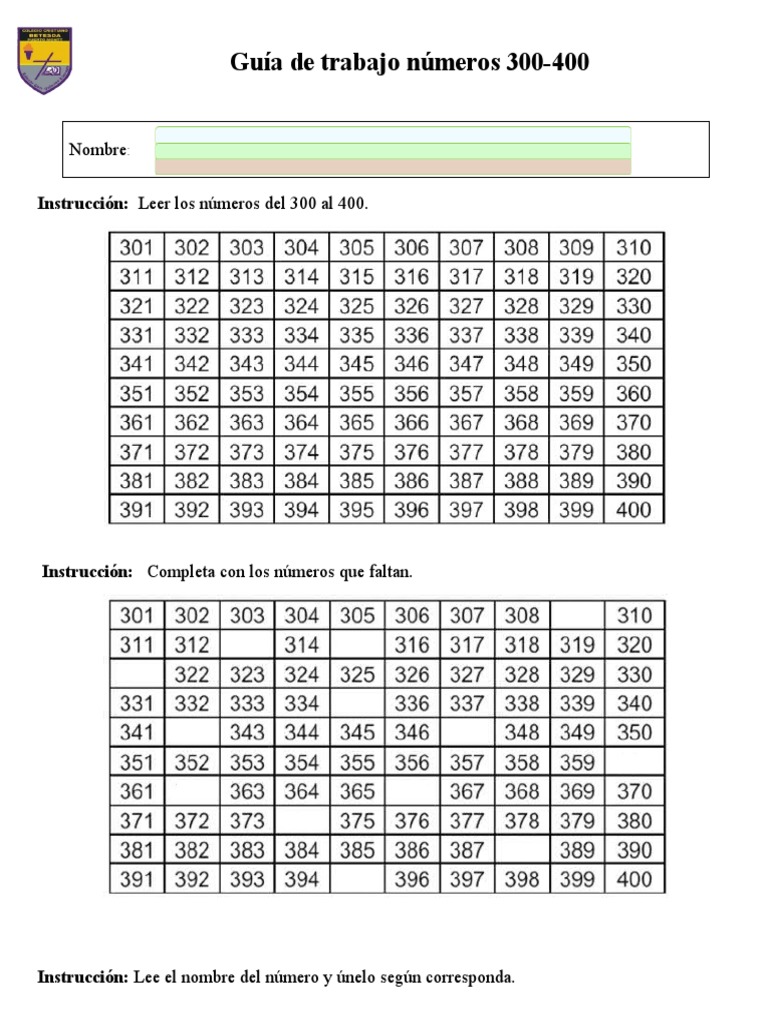 Guía de Trabajo Números 300 400 | PDF