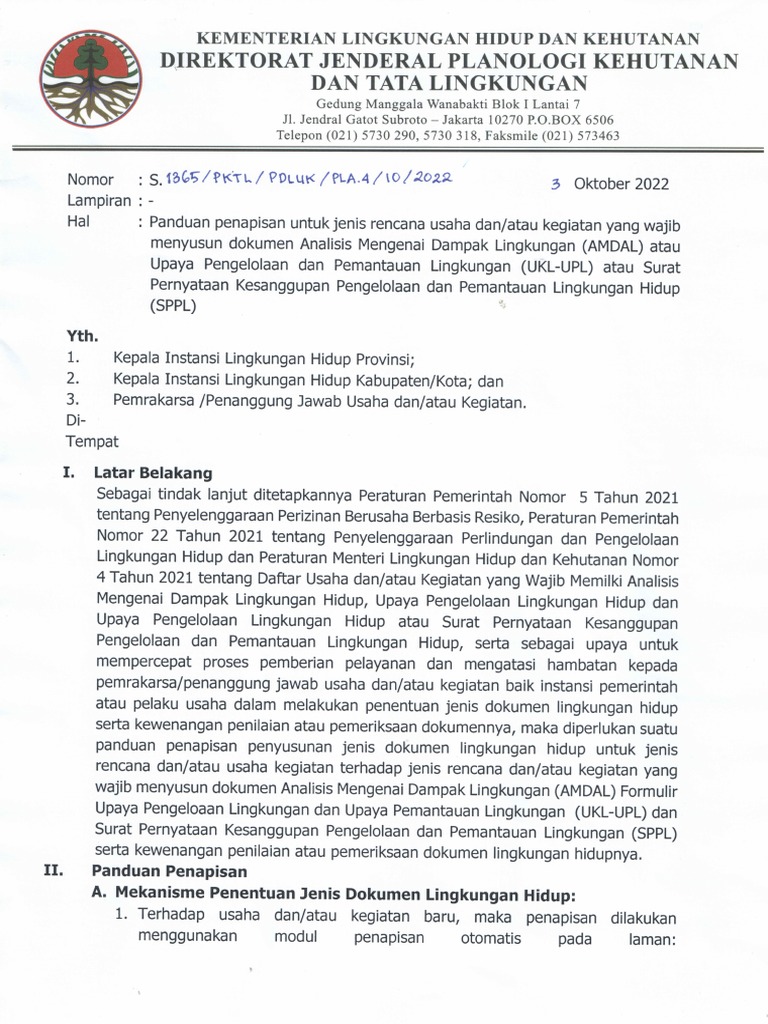 Panduan Penapisan Untuk Jenis Usaha Dan/atau Kegiatan Yang Wajib Menyusun Dokumen AMDAL Atau UKL ...