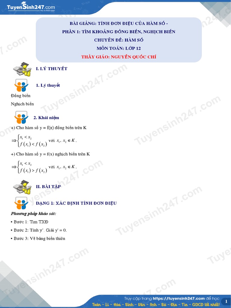 TS247 BG Tinh Don Dieu Cua Ham So Phan 1 Tim Khoang Dong Bien Nghich Bien | PDF