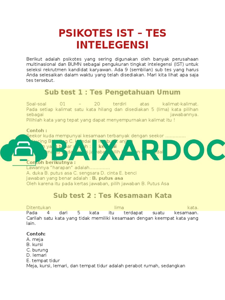 Psikotes Ist A Tes Intelegensi Sub Test 1 Tes Pengetahuan | PDF