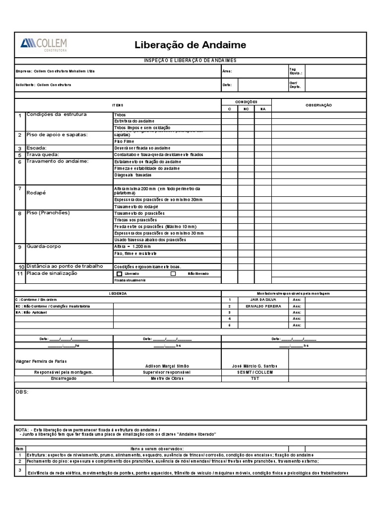 Check-List Liberação de Andaime | PDF
