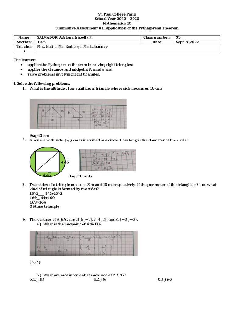 SA - 1 - Application of The Pythagorean Theorem | PDF