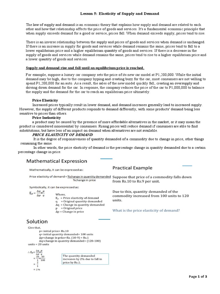 Lesson 5 Elasticity of Supply and Demand | PDF | Supply And Demand ...
