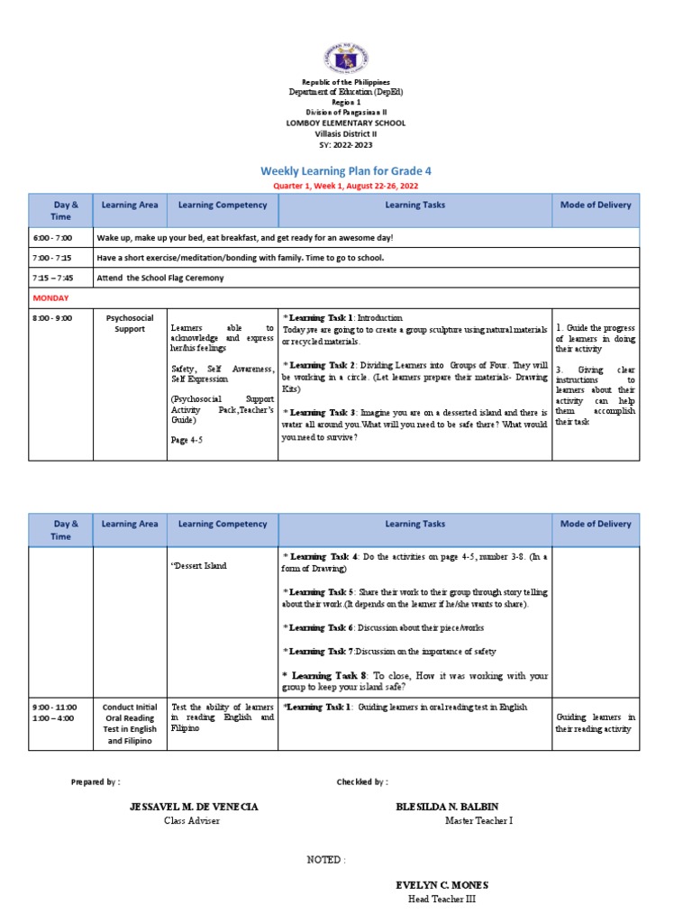 Weekly Learning Plan For Grade 4 | Download Free PDF | Learning | Pedagogy