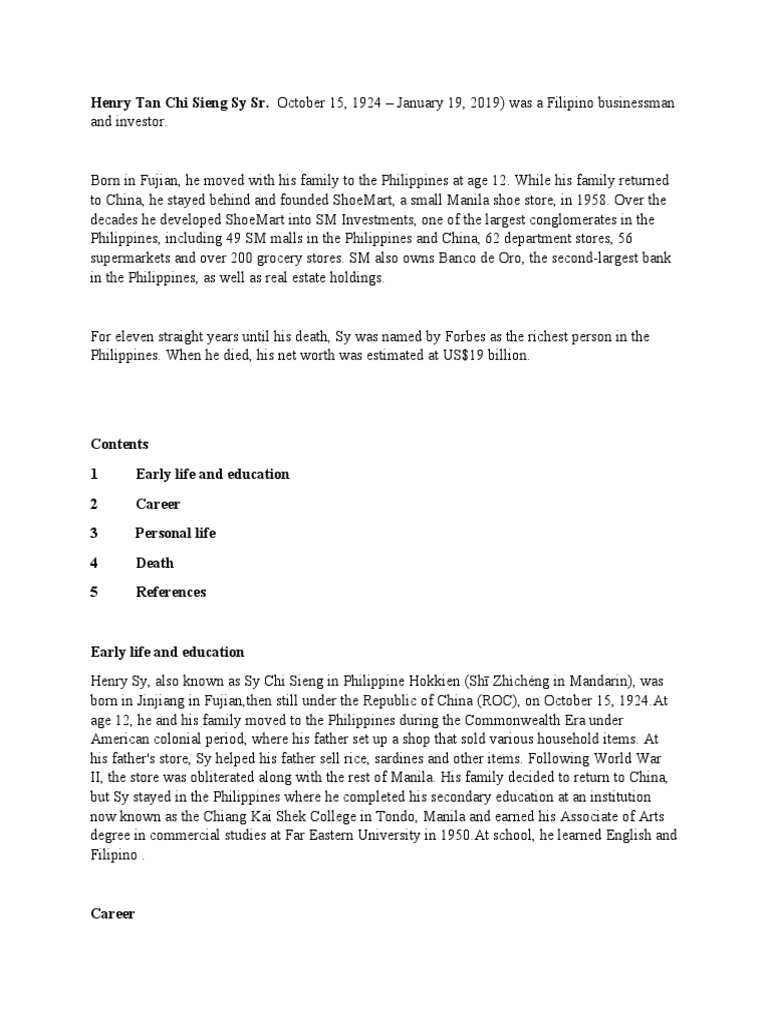 Filipino businessman Henry Sy Sr. built SM empire from shoe store | PDF ...