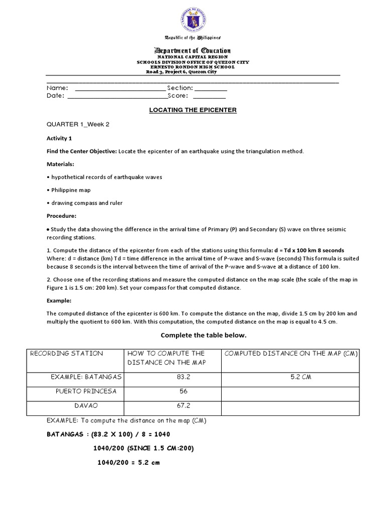 Activity Sheet Locating Epicenter | PDF
