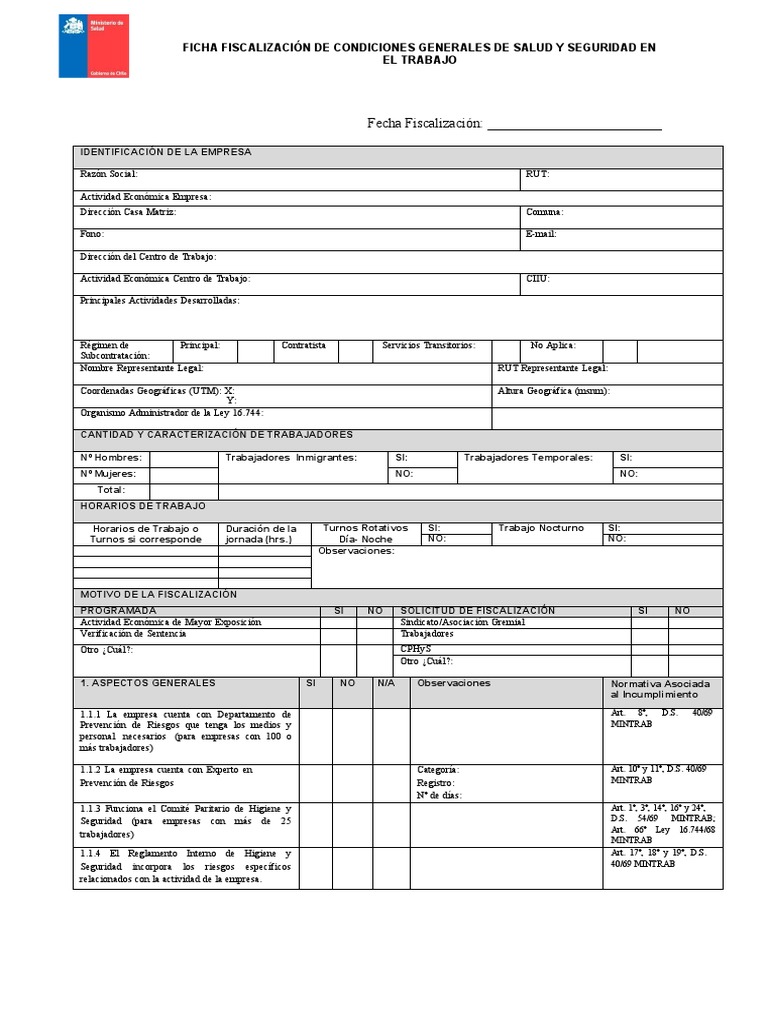 Ficha Fiscalización de Condiciones Generales de Salud y Seguridad Seremi de Salud | PDF ...